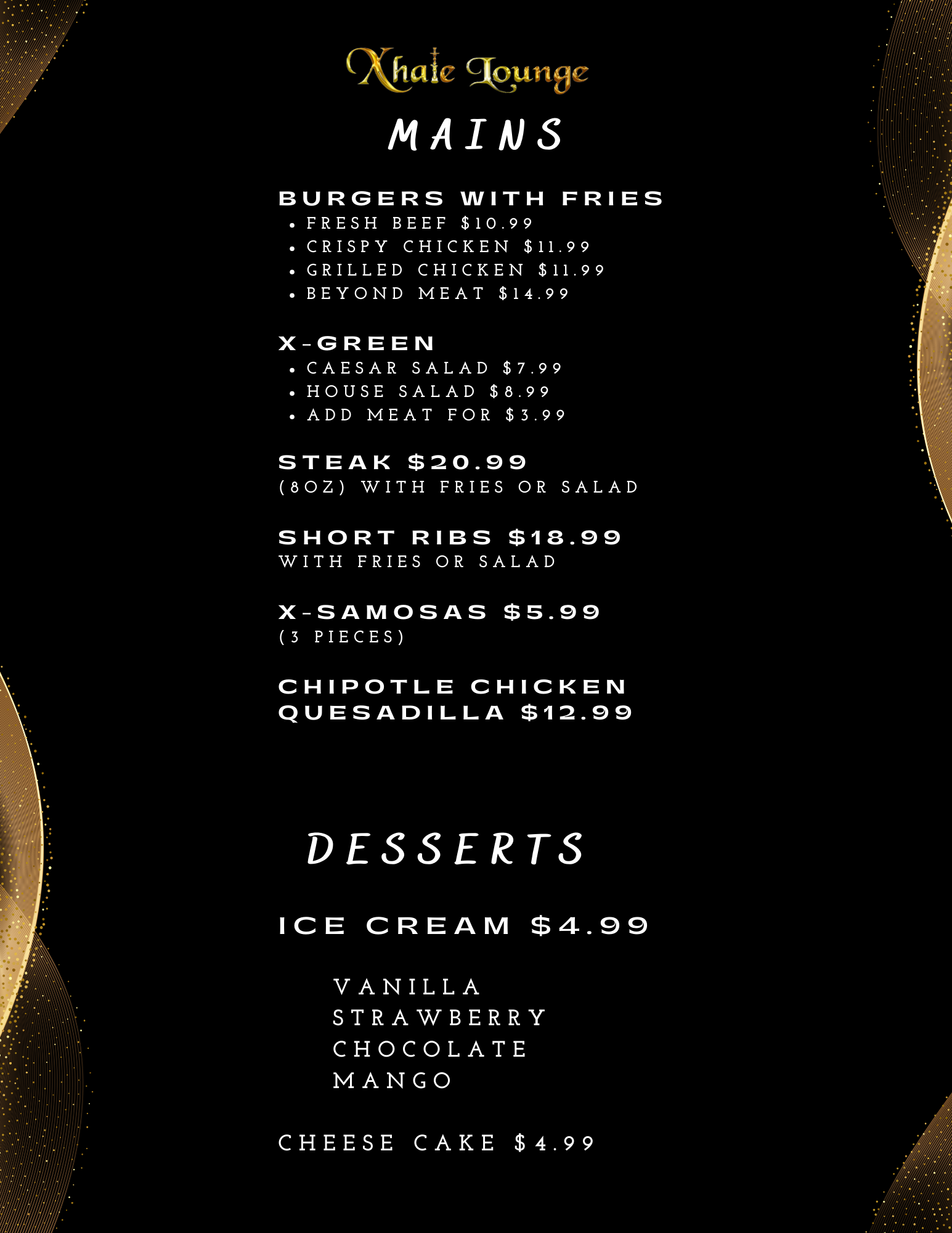 Food Menu - Xhale Lounge and Hookah Bar